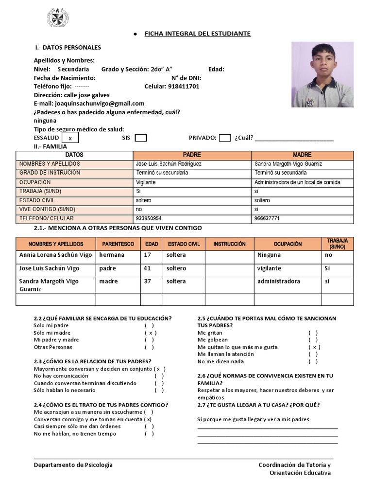Ficha Integral Del Estudiante | PDF
