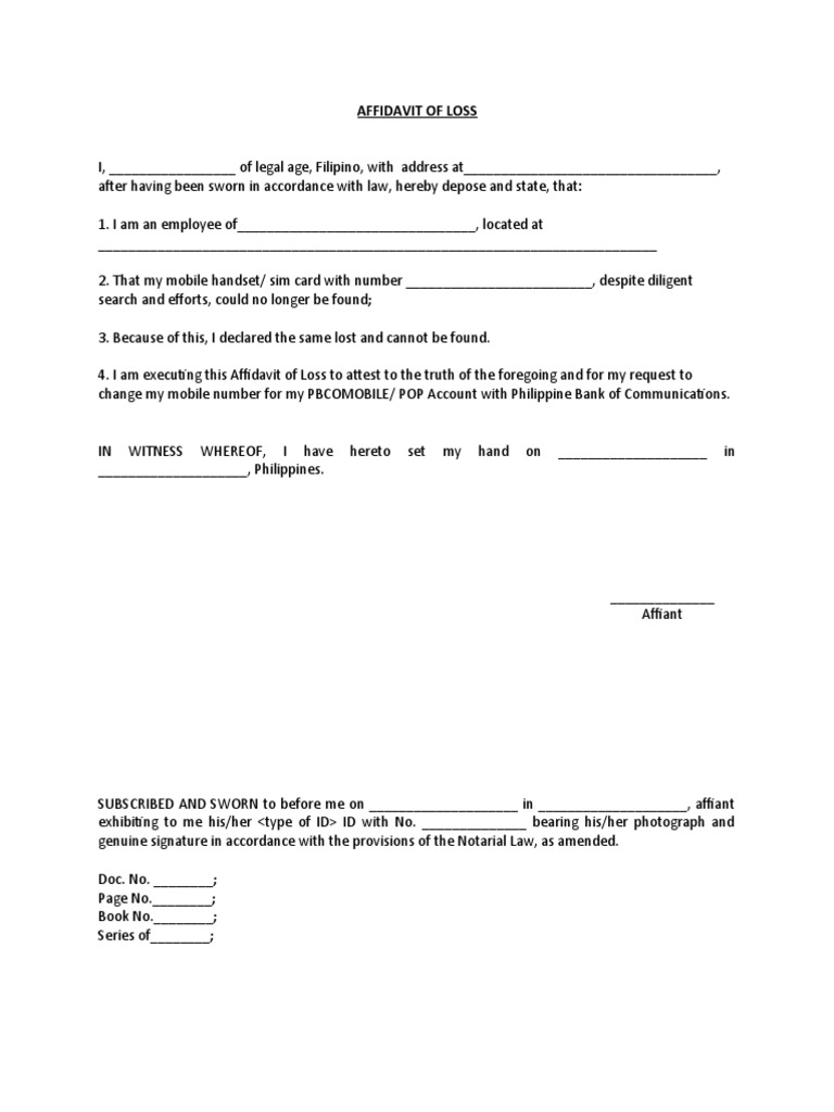 Affidavit of Loss for Mobile Number Change | PDF