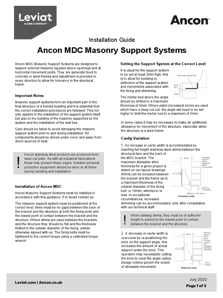 Ancon MDC Masonry Support Installation Guide | PDF | Masonry | Brick