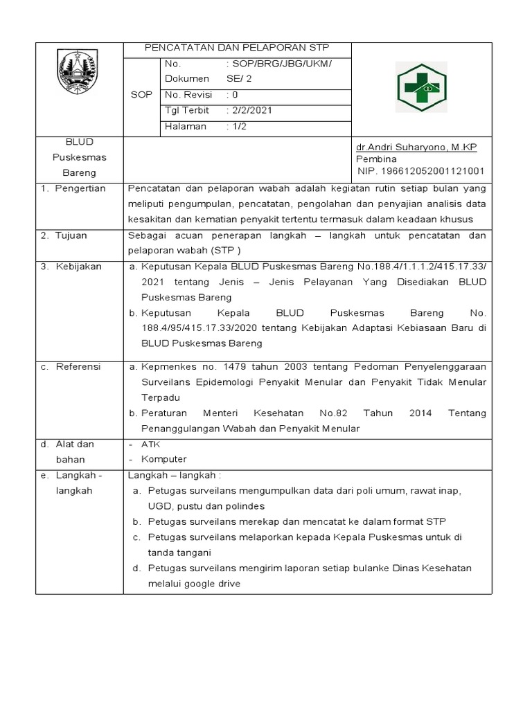 SOP Pencatatan dan Pelaporan STP | PDF