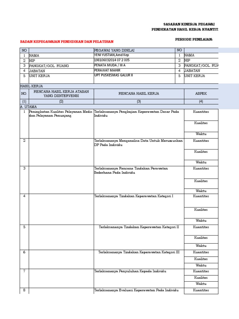 Form SKP JA JF Kuantitatif Yeni Yustian, Amd Kep | PDF