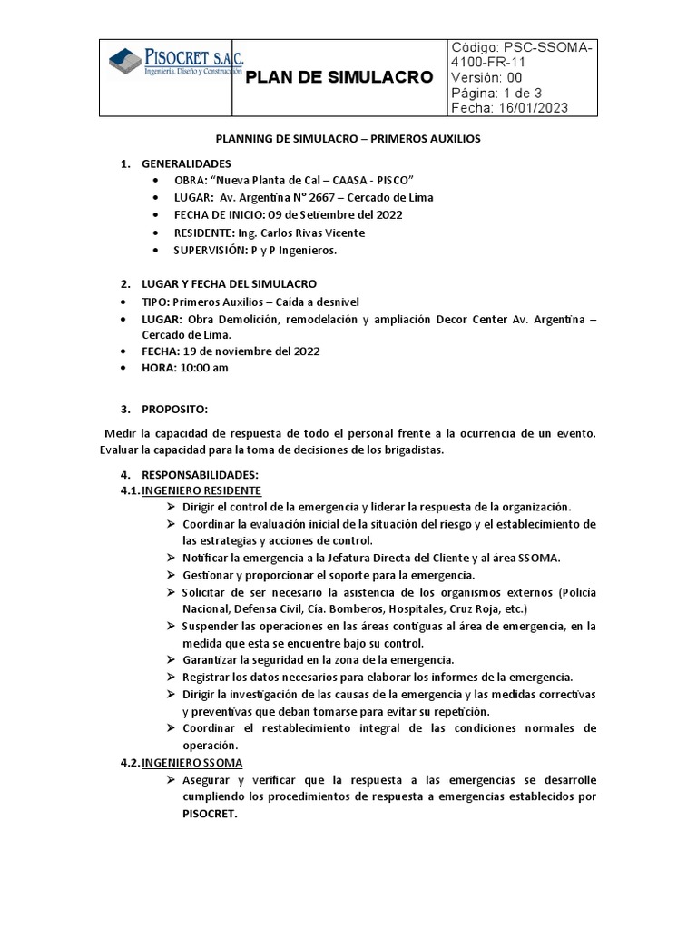 Planning de Simulacro | PDF | Primeros auxilios