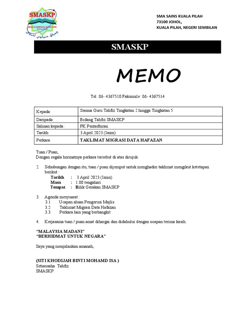 MEMO TAKLIMAT TAHFIZ 1 2023 | PDF