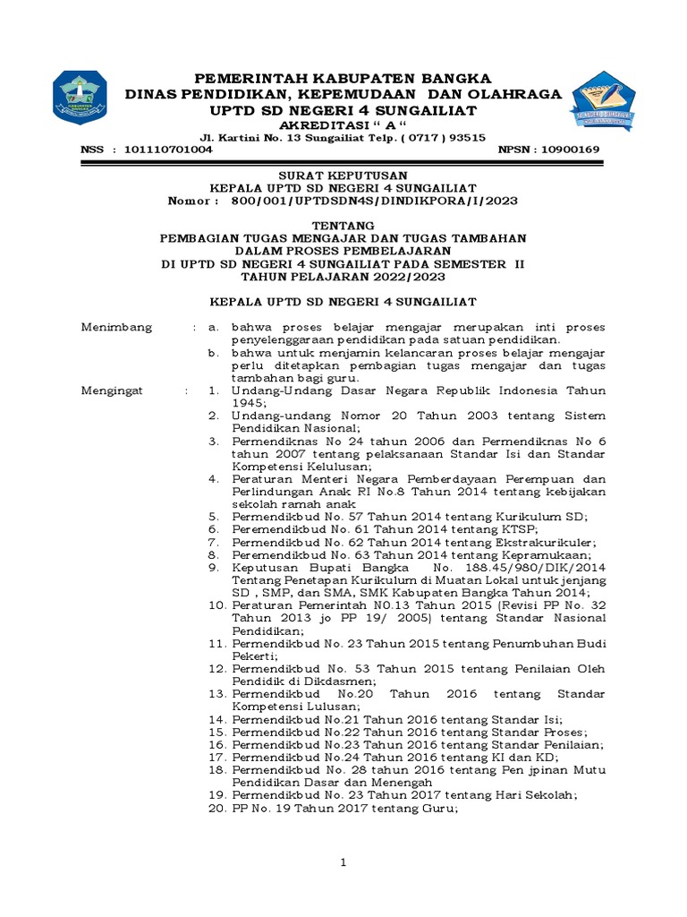 SK Pembagian Tugas Semester Ii 2022 - 2023 | PDF