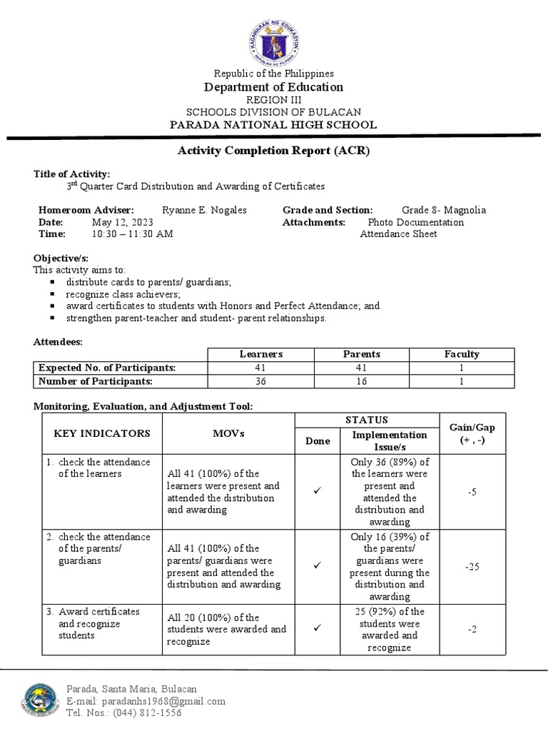 ACR 3rd Quarter Card Distribution and Awarding of Certificates ...