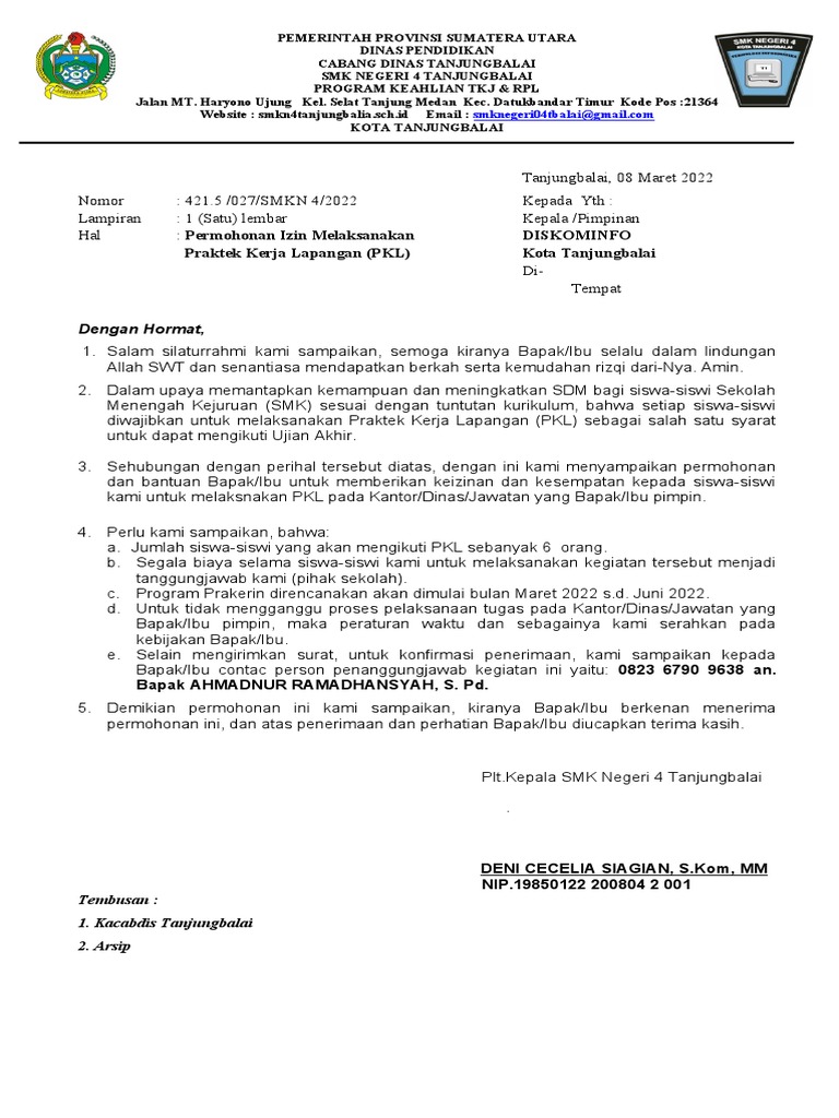 Surat Pengantar PKL TKJ - RPL T.A 2021 - 2022 | PDF