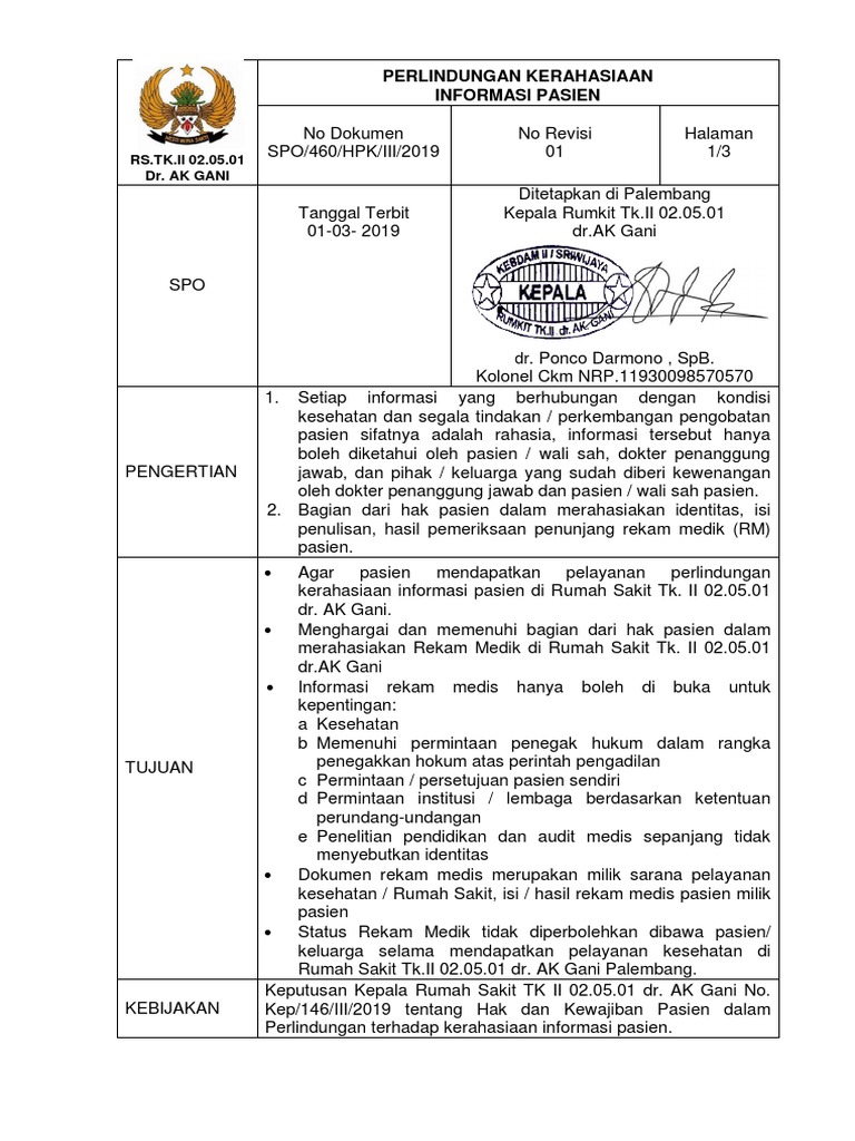 Spo Perlindungan Kerahasiaan Informasi Pasien Benar | PDF