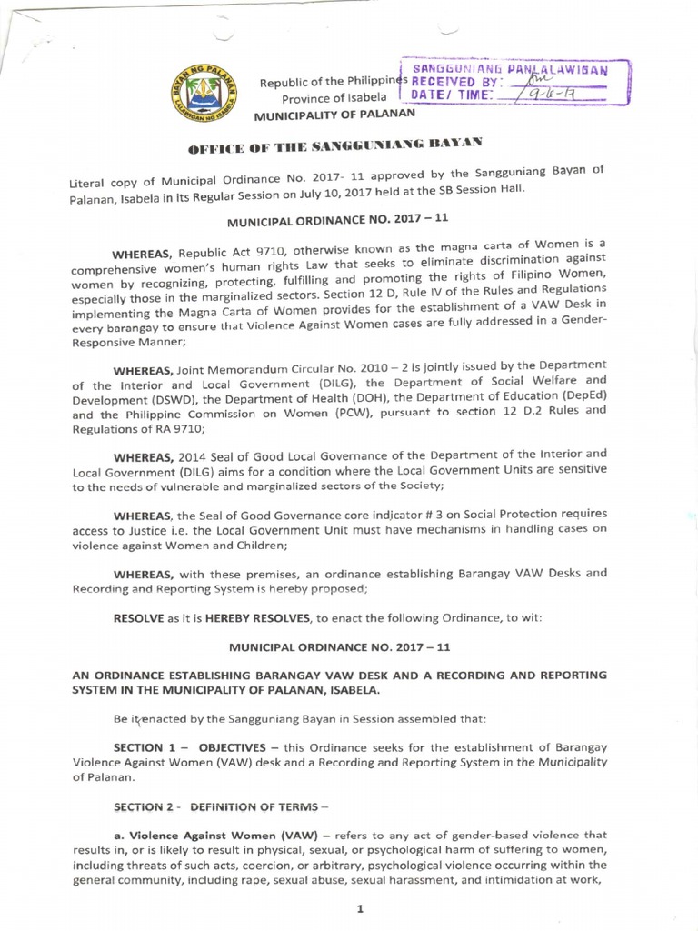 Municipal Ordinance No. 2017 11 An Ordinance Establishing Barangay Vaw ...