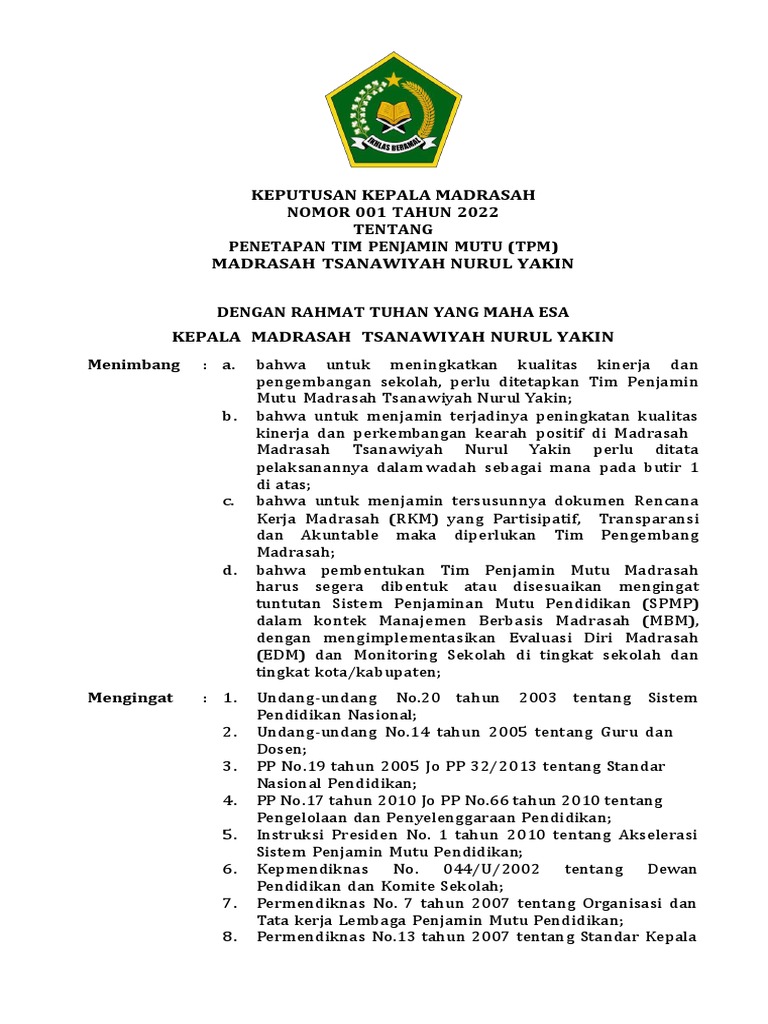 SK Tim Penjaminan Mutu Madrasah MTs | PDF