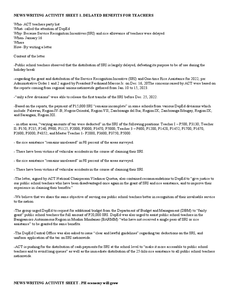 News Writing Activity Sheet 1 | PDF | Economies