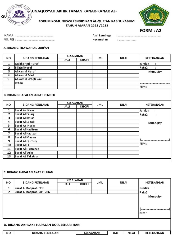 Form TKQ Ujian Lisan Munaqosah Akhir Tahun 2023 Download | PDF