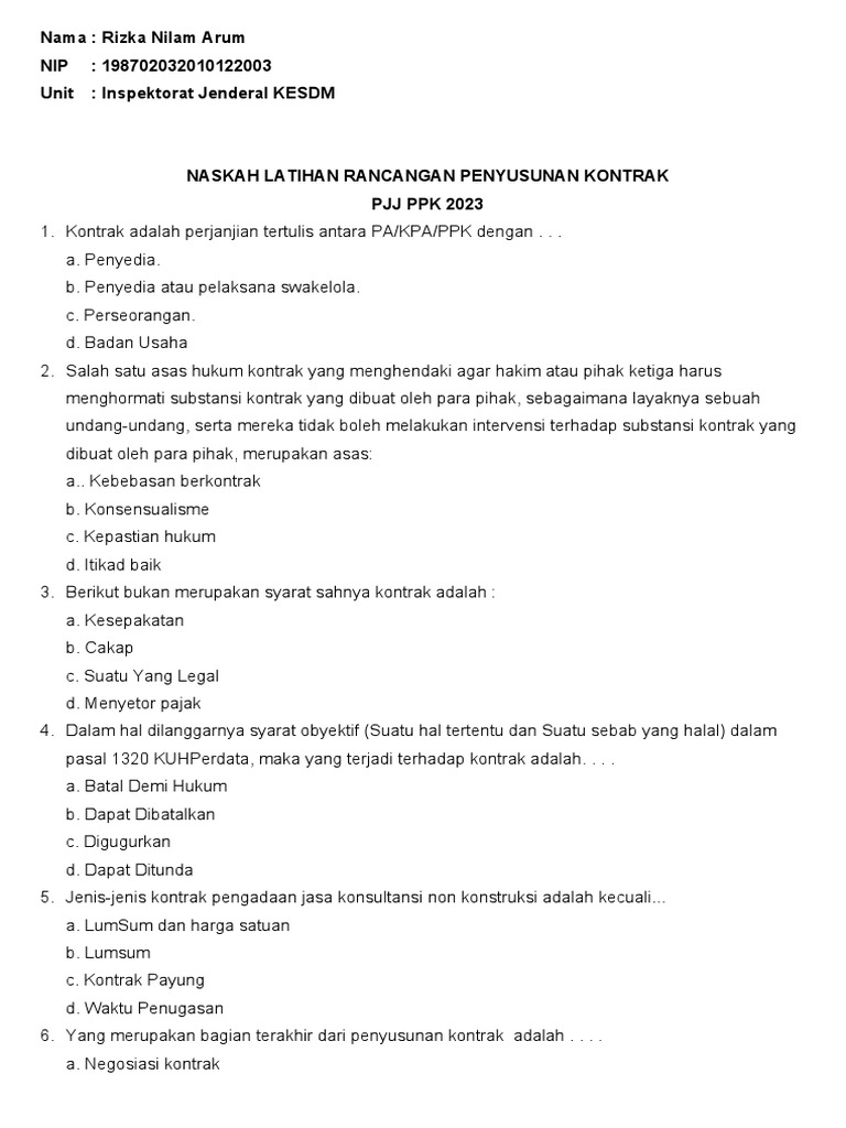 Naskah Latihan Rancangan Penyusunan Kontrak PJJ PPK 2023 | PDF ...