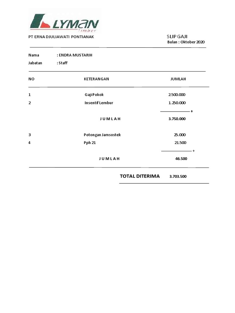 Slip Gaji Endra Mustarih Oktober 2020 | PDF