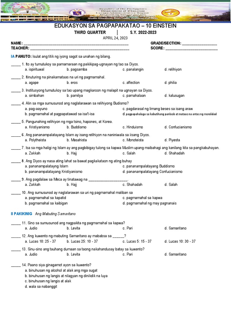 2023 3rd Quarter Exam ESP10 | PDF