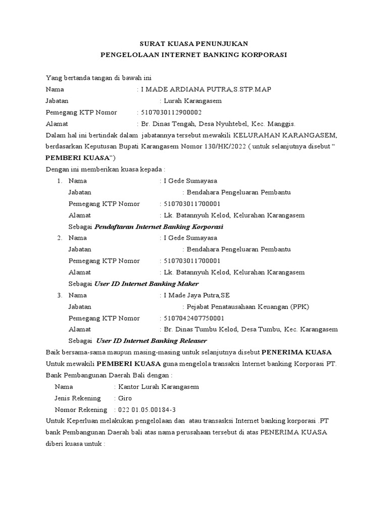 Surat Kuasa Internet Banking Korporasi | PDF | Pengelolaan Keuangan ...
