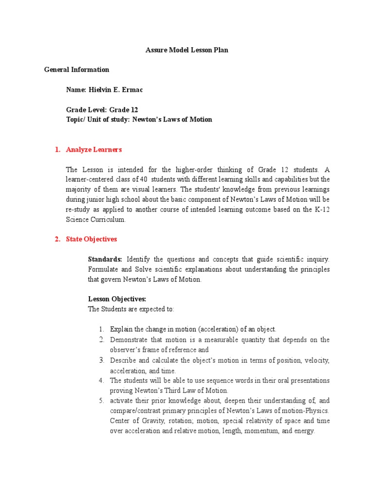 ASSURE Lesson Plan Hielvin Ermac | PDF | Force | Newton's Laws Of Motion