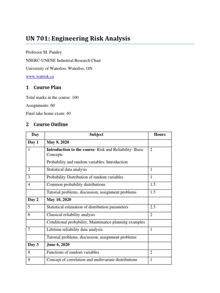 Engineering Risk Analysis, Course Outline | PDF
