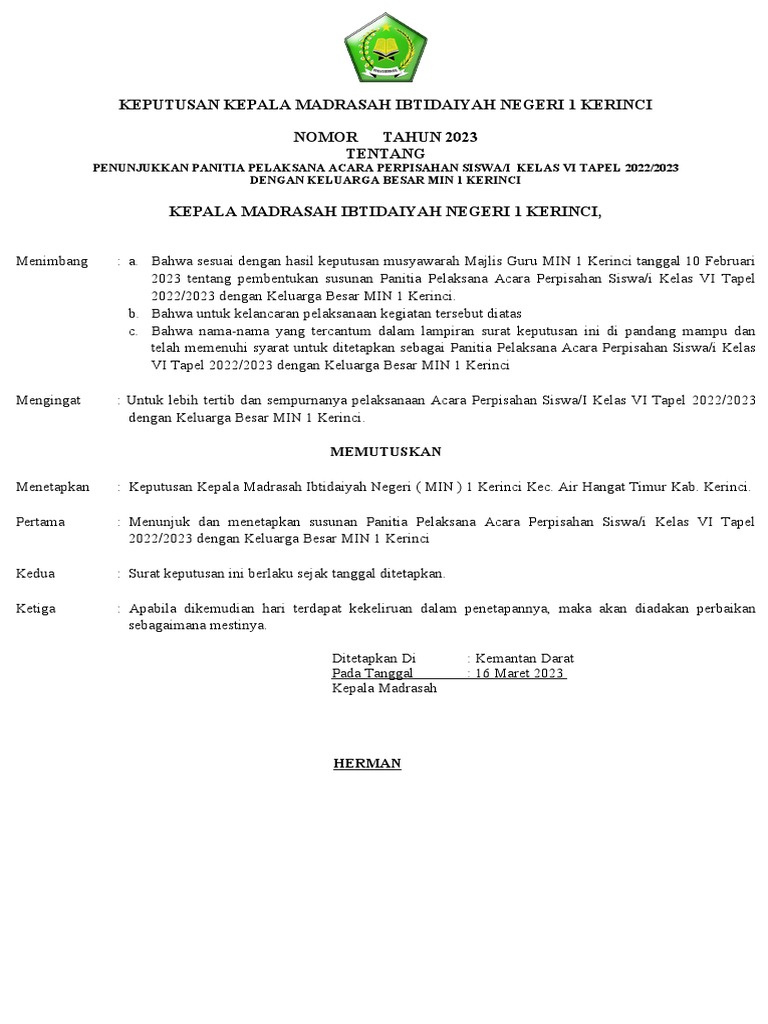 Penunjukan Panitia Perpisahan Kelas VI | PDF