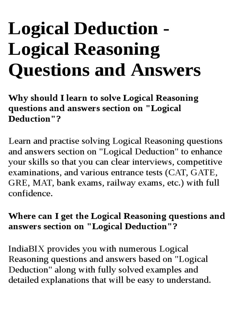 Logical Deduction - Logical Reasoning Questions and Answers | Download Free PDF | Deductive ...