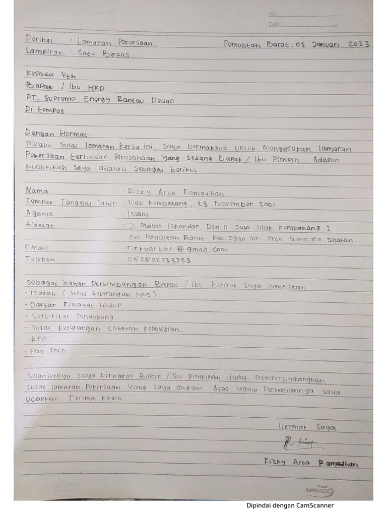 Lamaran Pekerjaan PT. Supreme Energy Rantau Dedap | PDF
