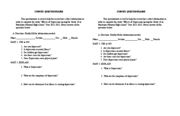 Survey Questionnaire | PDF | Major Depressive Disorder | Clinical Medicine