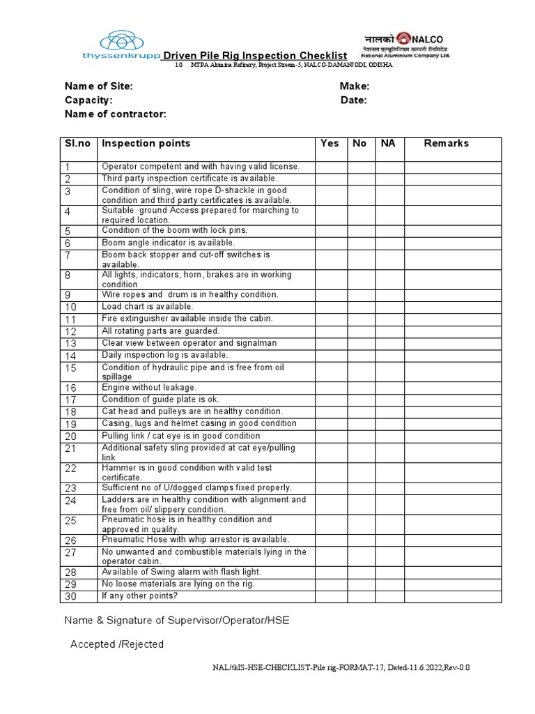 NALtkIS HSE CHECKLIST Pile Rig FORMAT 17, Driven Pile Rig Inspection ...