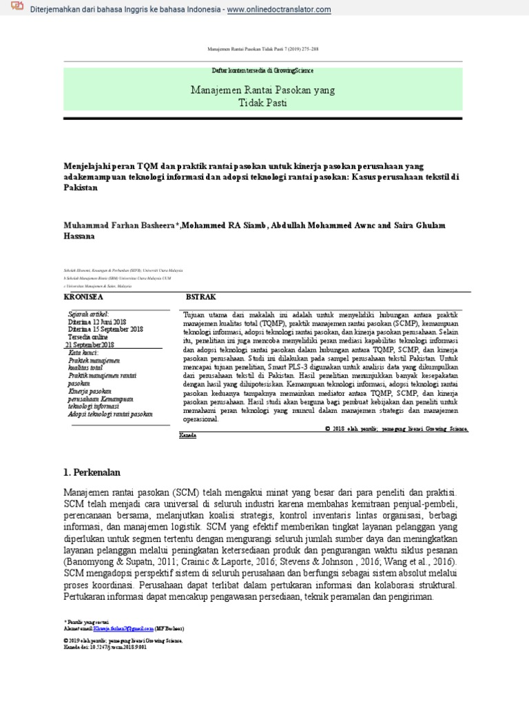 Exploring The Role of TQM and Supply Chain Practices For Firm Supply Performance in The Presence ...