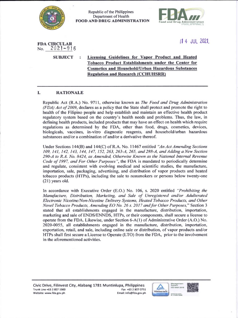 FDA Circular No. 2021 016 | PDF