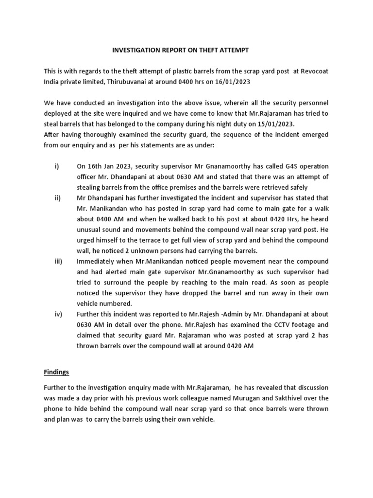 Investigation Report On Revaport Theft Attempt | PDF | Crimes | Crime ...
