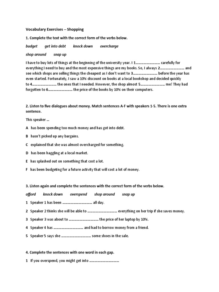 Shopping Vocabulary Exercises | PDF