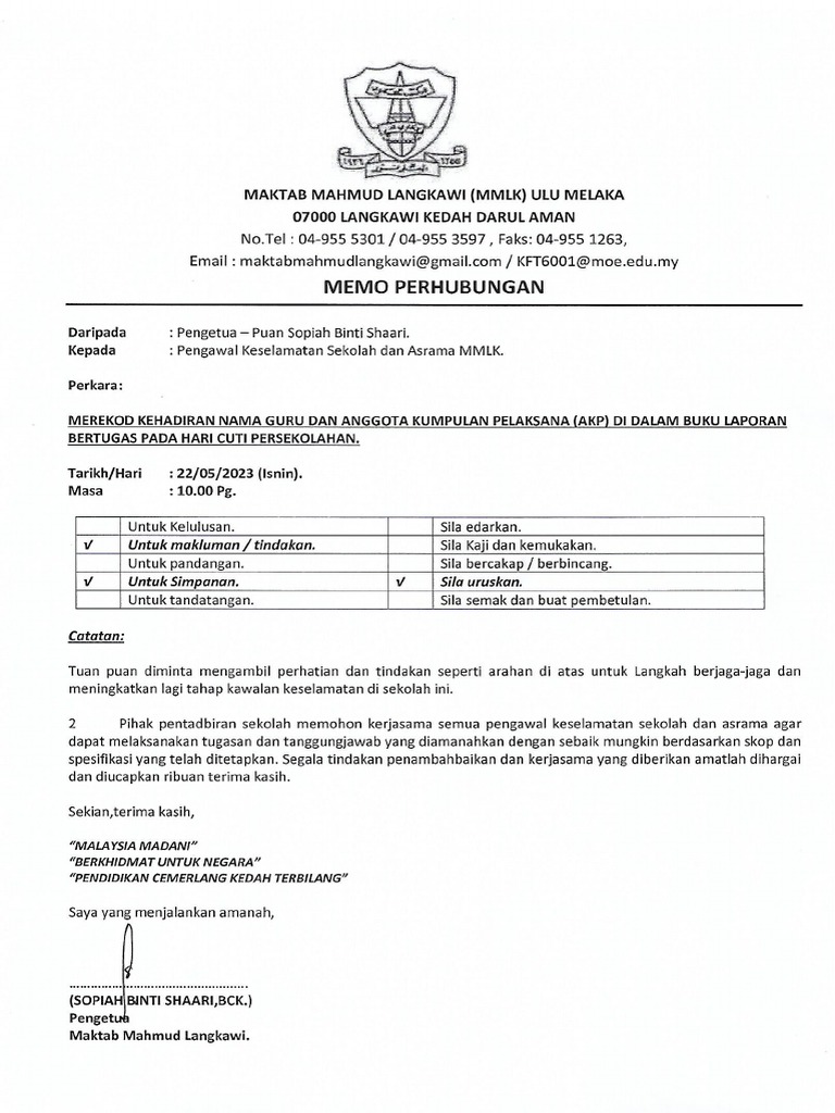 Memo Kehadiran Guru&Akp Cuti Sekolah220523 | PDF