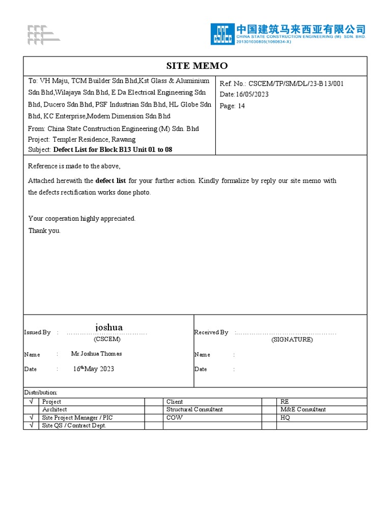 Defect Memo for Templer Residence B13 | PDF | Building Materials ...