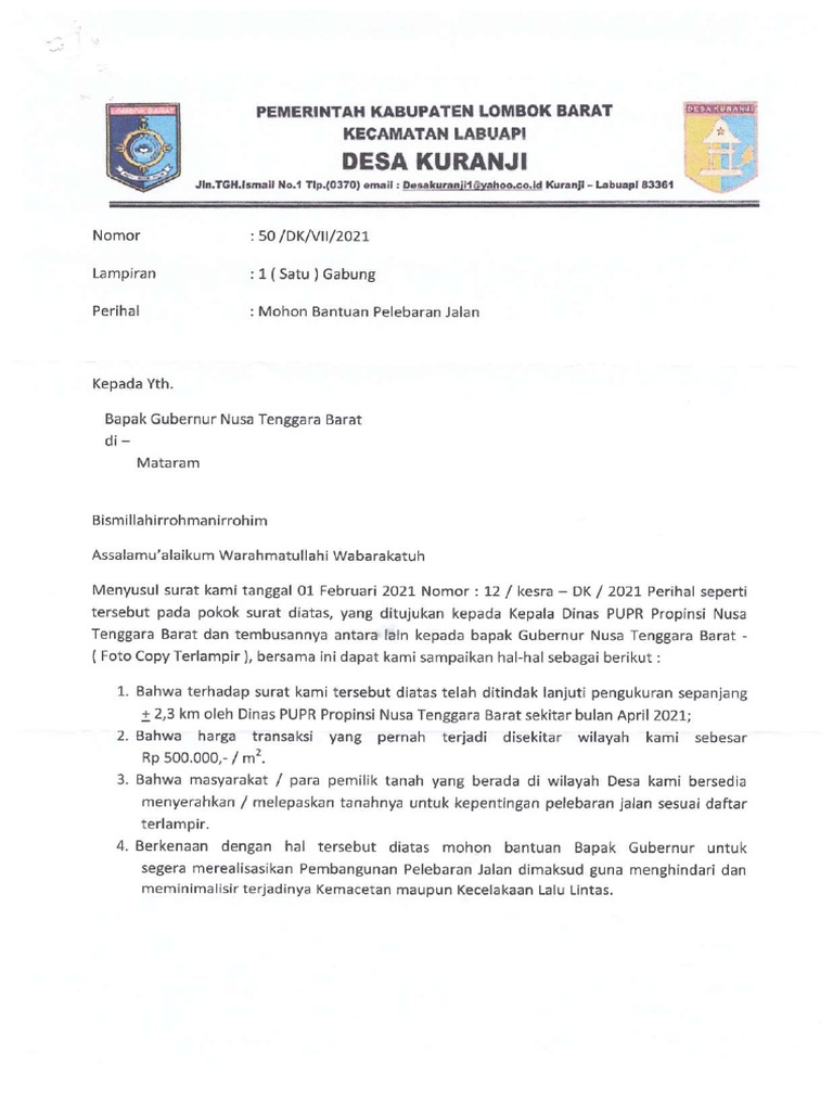 Mohon Bantuan Pelebaran Jalan Di Desa Kuranji Kecamatan Labuapi | PDF