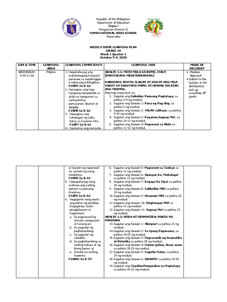 Filipino 10 - Weekly-Home-Learning-Plan-2020-2021 - 1 | PDF