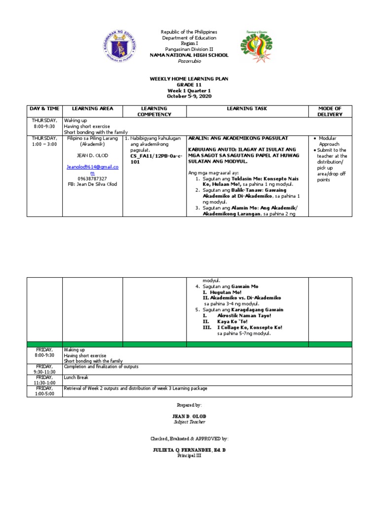 Grade 11 Learning Plan Guide | PDF | Philippines