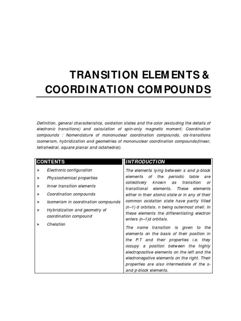 Tranisition Elements-01-Theory | PDF | Coordination Complex | Transition Metals
