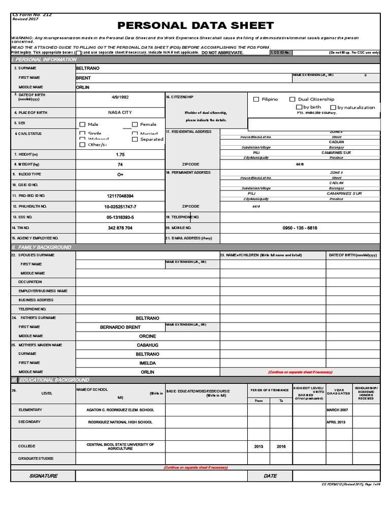 Cs Form No. 212 Revised Personal Data Sheet - New | PDF | Government