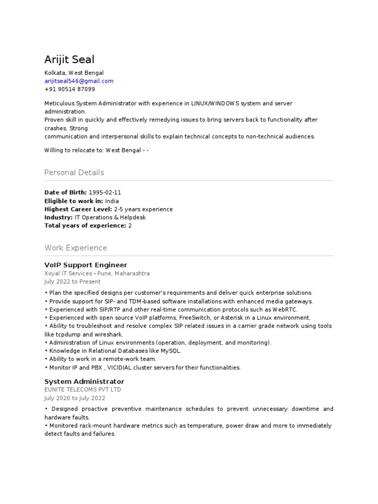 Arijit Seal-CV | PDF | Cloud Computing | Session Initiation Protocol