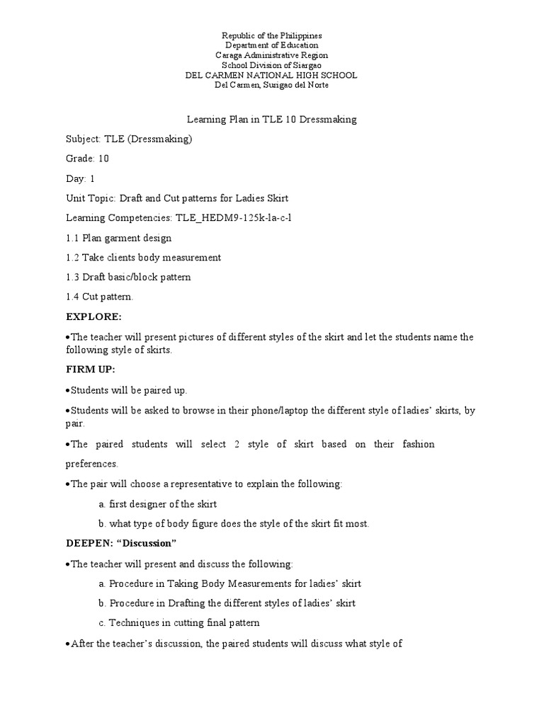 Learning Plan in TLE 10 Dressmaking | PDF | Skirt | Learning
