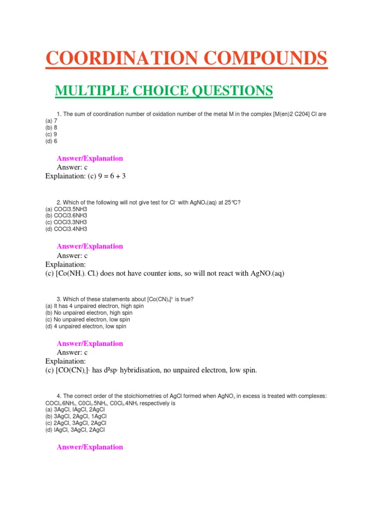 MCQs 1 | PDF | Coordination Complex | Ligand