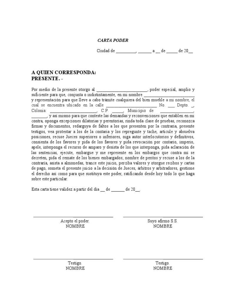 Carta Poder Con Testigos-A Quien Corresponda | PDF