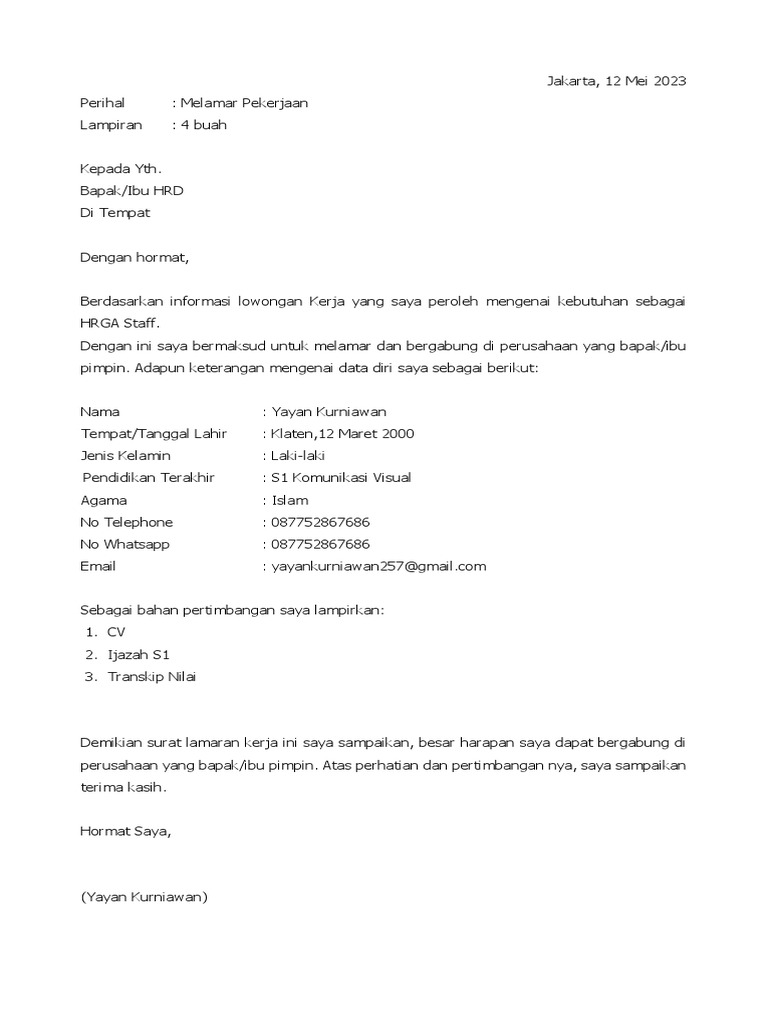 Surat Lamaran Kerja HRGA - Yayan Kurniawan | PDF | Karier & Perkembangan