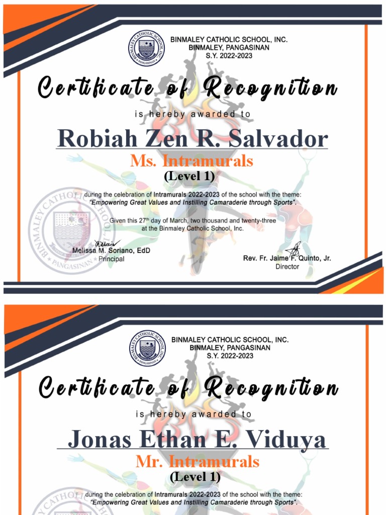 Cert of Recognition Mr. & Ms. Intrams | PDF