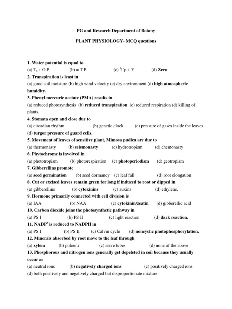 Plant Physiology MCQs for PG Entrance | PDF | Photosynthesis | Plant ...