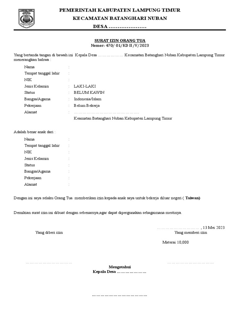 Surat Izin Orang Tua Untuk Anak Ke Luar Negeri | PDF