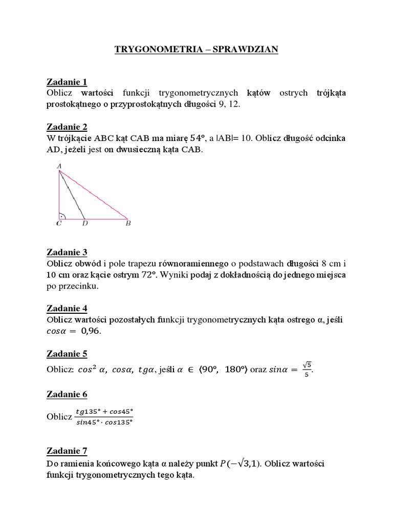 Sprawdzian - Trygonometria Iic | PDF