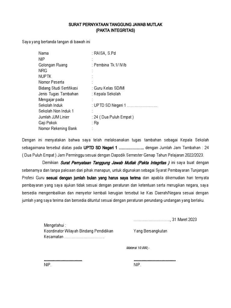 Surat Pernyataan Tanggung Jawab Mutla (SPJM) Sertifikasi Kepala Sekolah | PDF