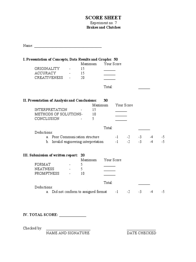 Brakes and Clutches Experiment Score Sheet | PDF | Brake | Clutch