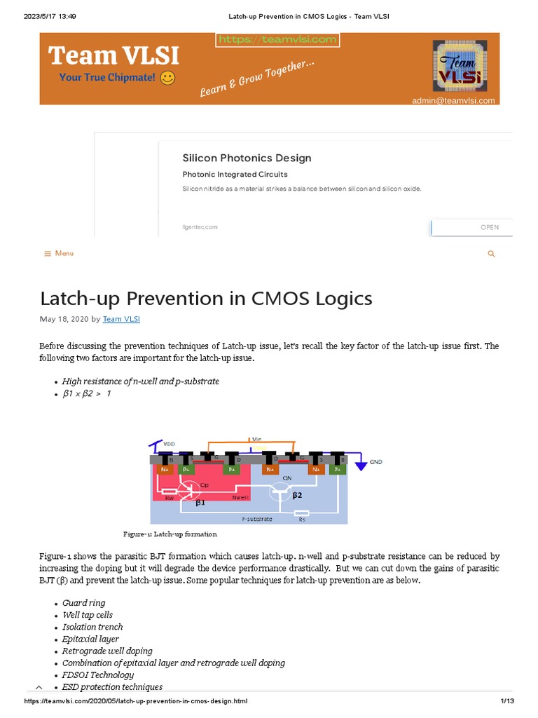 Latch Up Prevention In Cmos Logics Team Vlsi Pdf Mosfet Cmos
