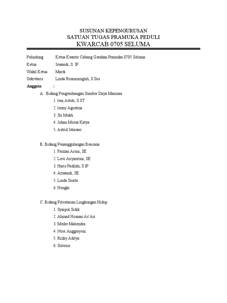 Susunan Kepengurusan Satgas Pramuka Peduli Kwarcab 0705 Seluma | PDF